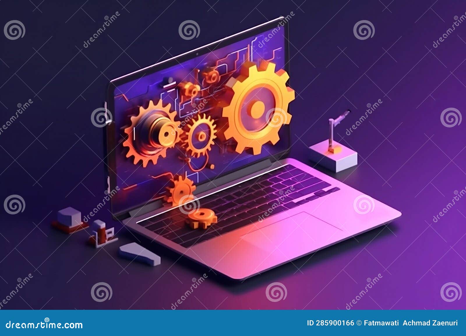 System Update Concept with Laptop Computer and Gear Machine with 3d ...