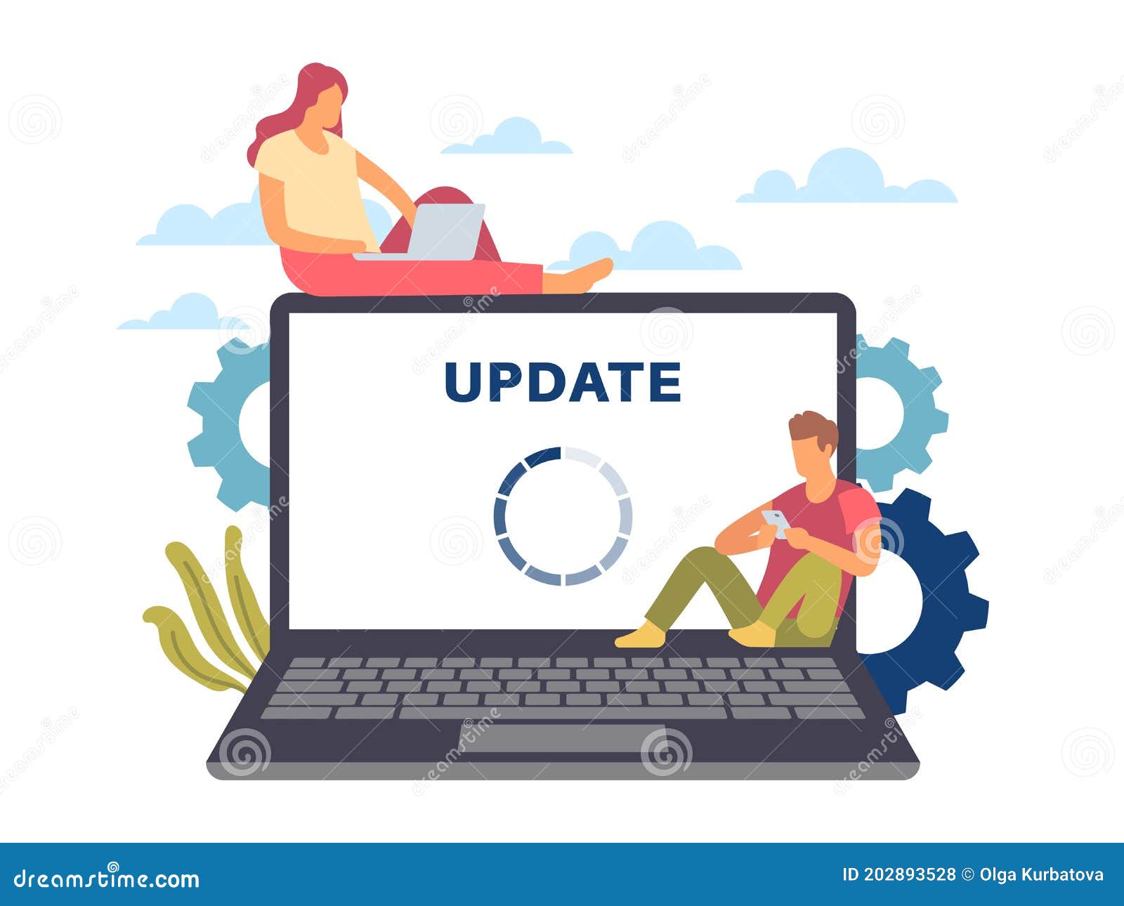 System Update. Maintenance Process. Man and Woman with Devices. Loading ...