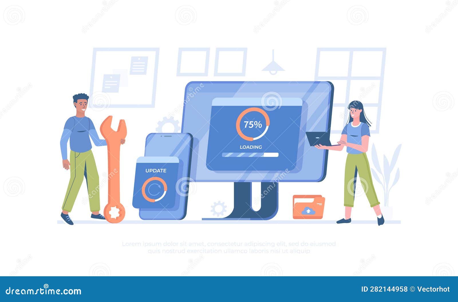 System Update. Programmers Upgrading Operation System, Software, Programs, Applications. Data ...