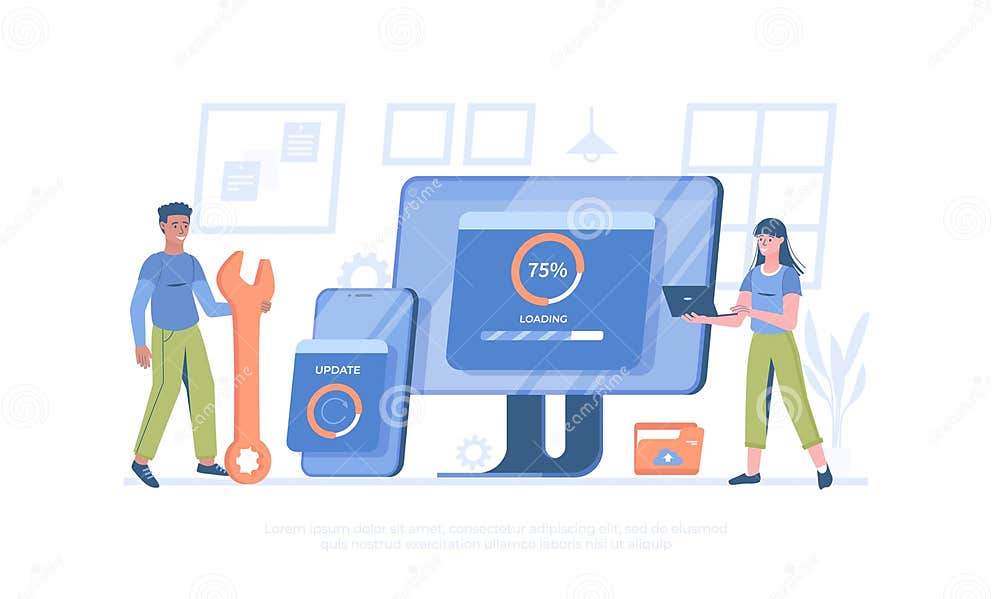 System Update. Programmers Upgrading Operation System, Software, Programs, Applications. Data ...