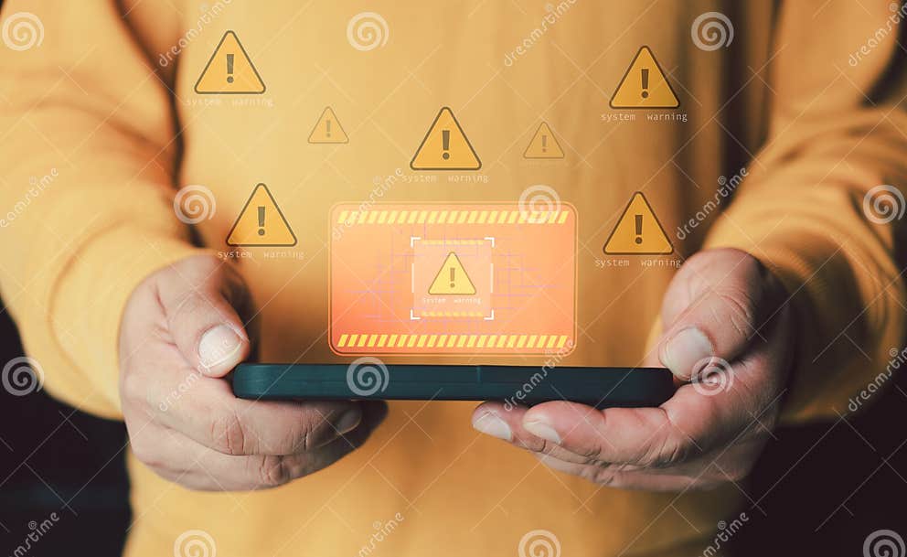 System Warning Caution Sign on Smartphone, Scam Virus Attack on ...