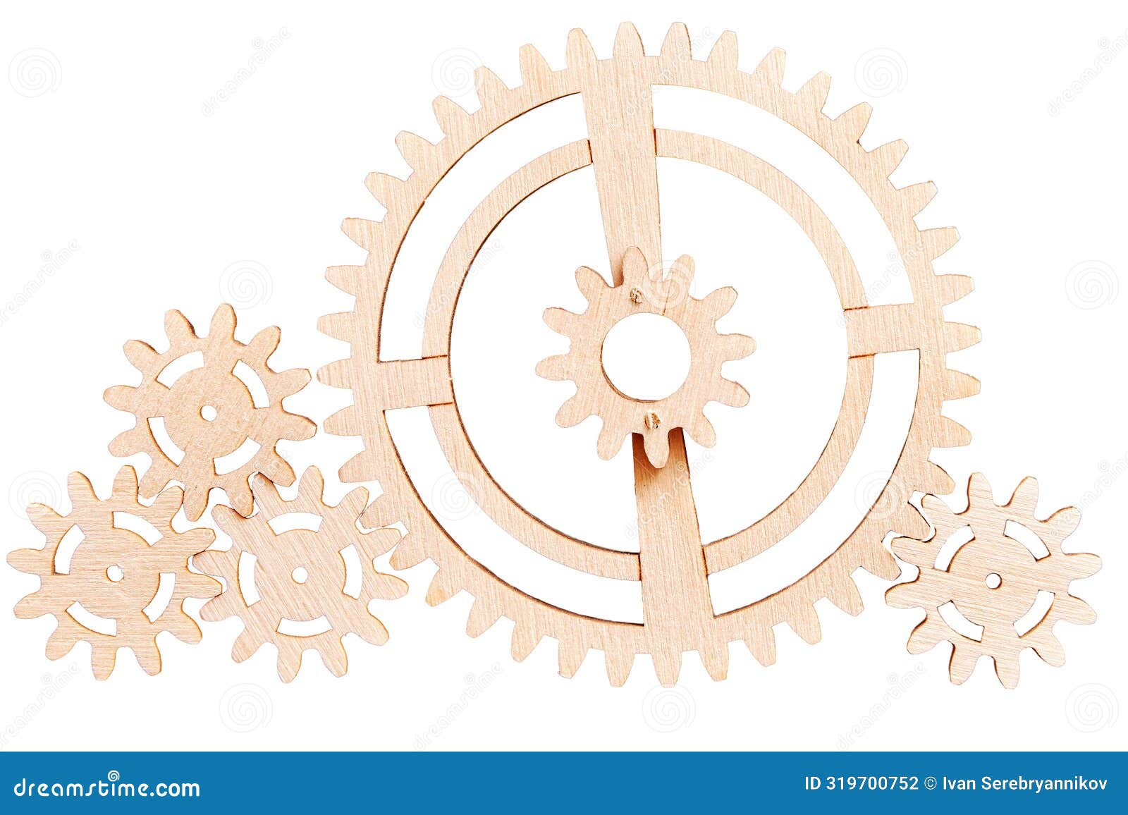 System of Wooden Gears of Different Sizes. Isolated on White Stock ...