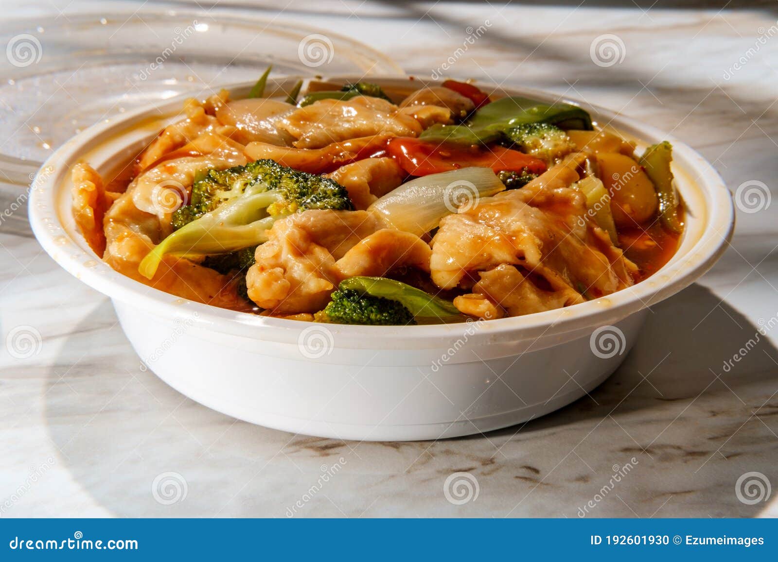Szechuan Chicken Chinese Takeout Stock Photo - Image of onions ...