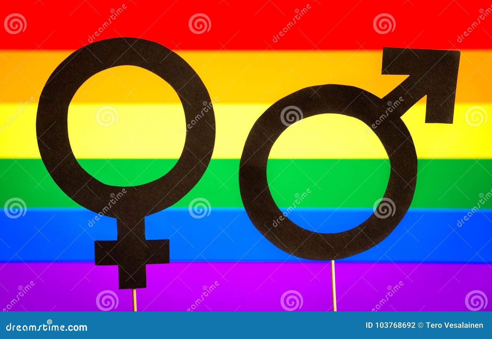 Símbolos Del Género Con El Fondo De La Bandera Del Arco Iris De Lgbt