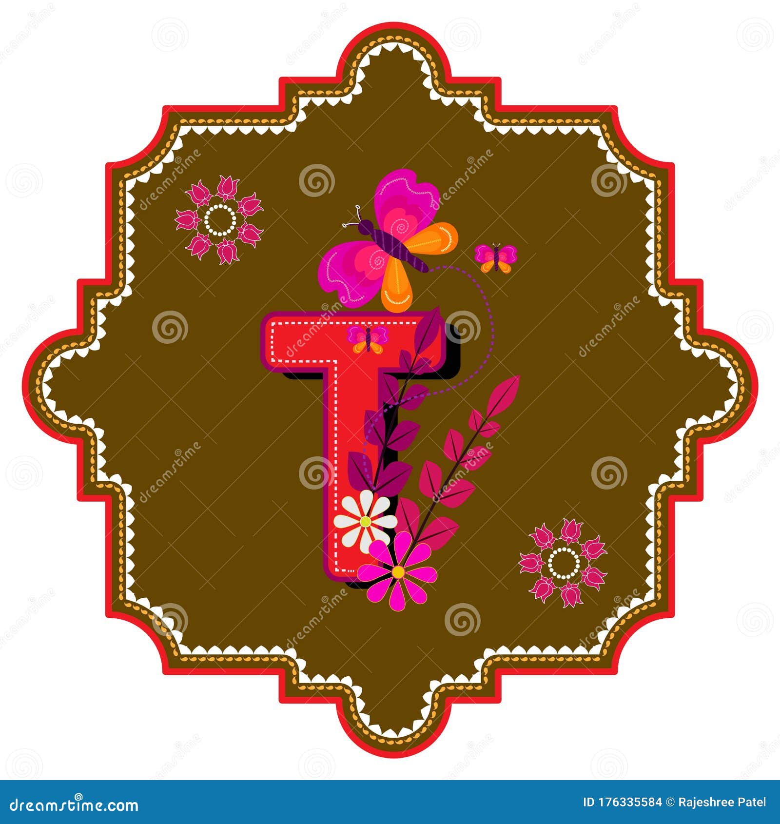 Letter T. Alphabet T Sticker. Floral Type with Butterflies. Lotus and ...