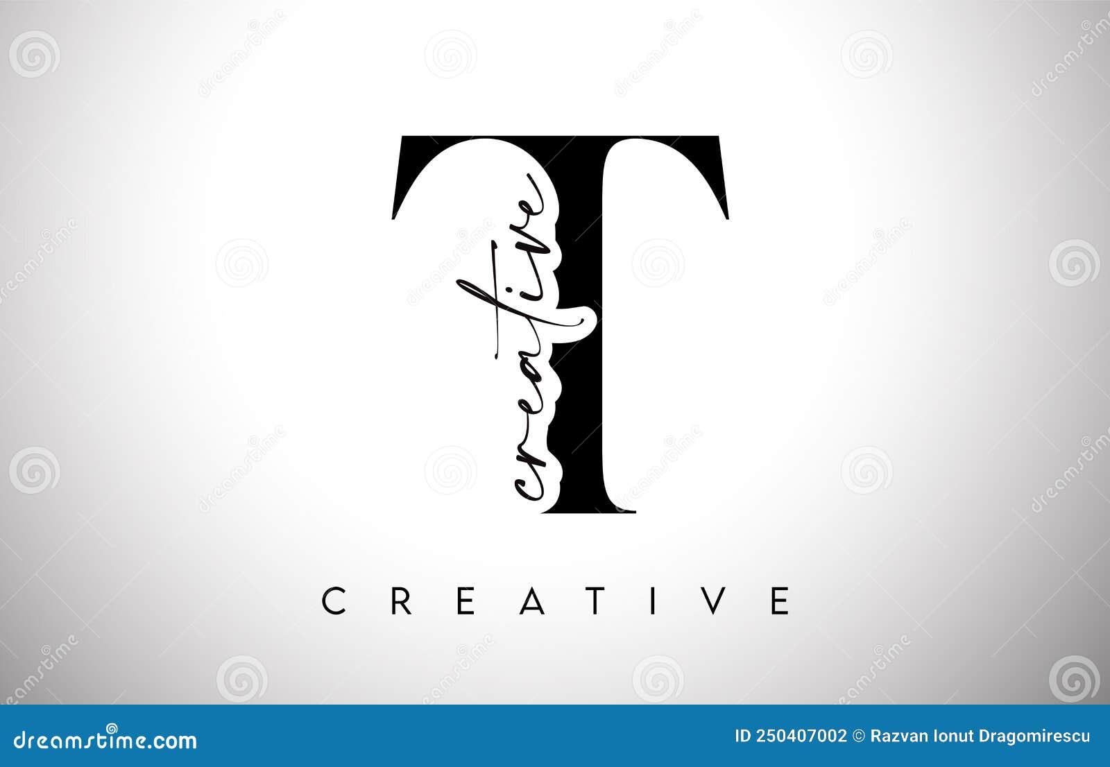 T Letter Design with Creative Cut and Serif Font in Black and White ...