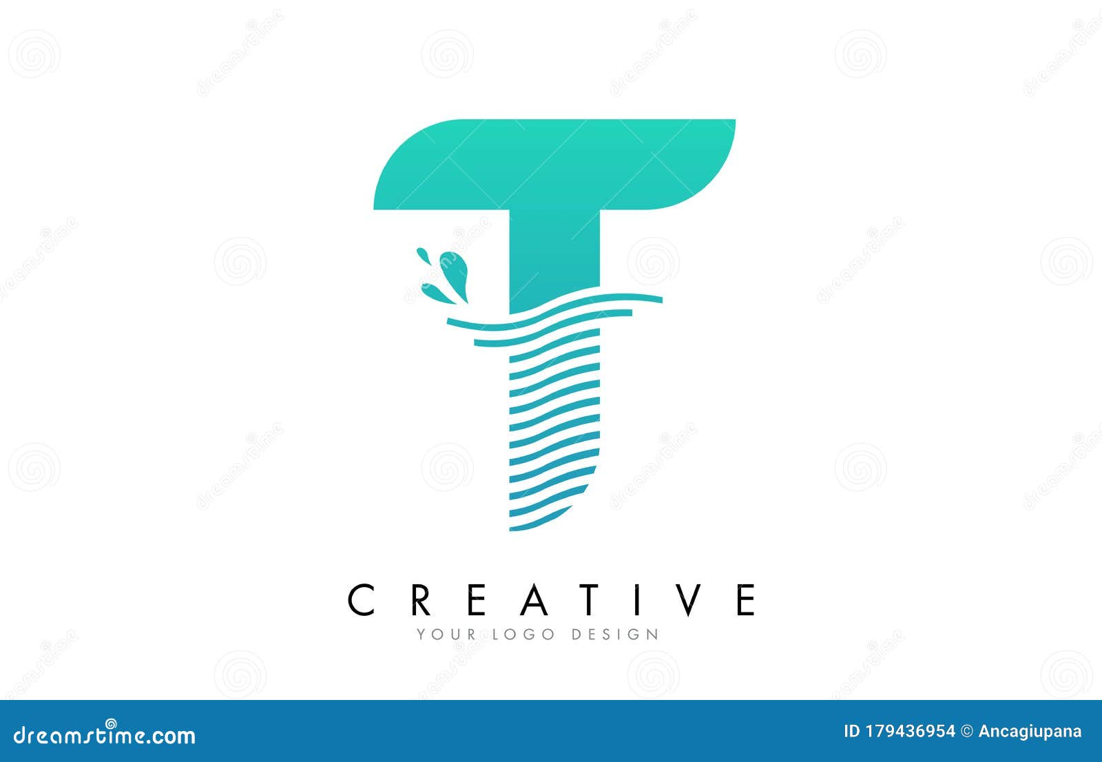 T Letter Logo with Waves and Water Drops Design Stock Vector ...