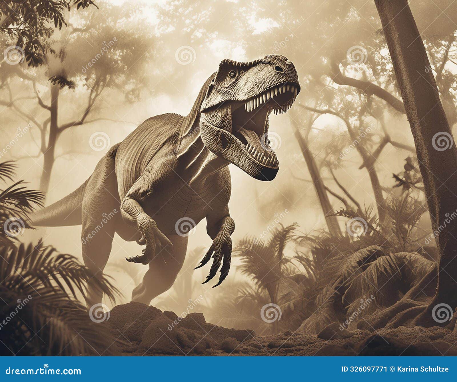 A T-Rex Hunts Prey in a Prehistoric Jungle Stock Illustration ...