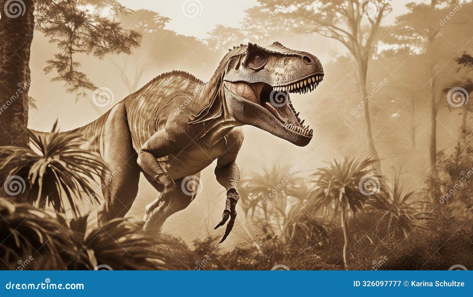 A T-Rex Hunts Prey In A Prehistoric Jungle Royalty-Free Stock Photo ...