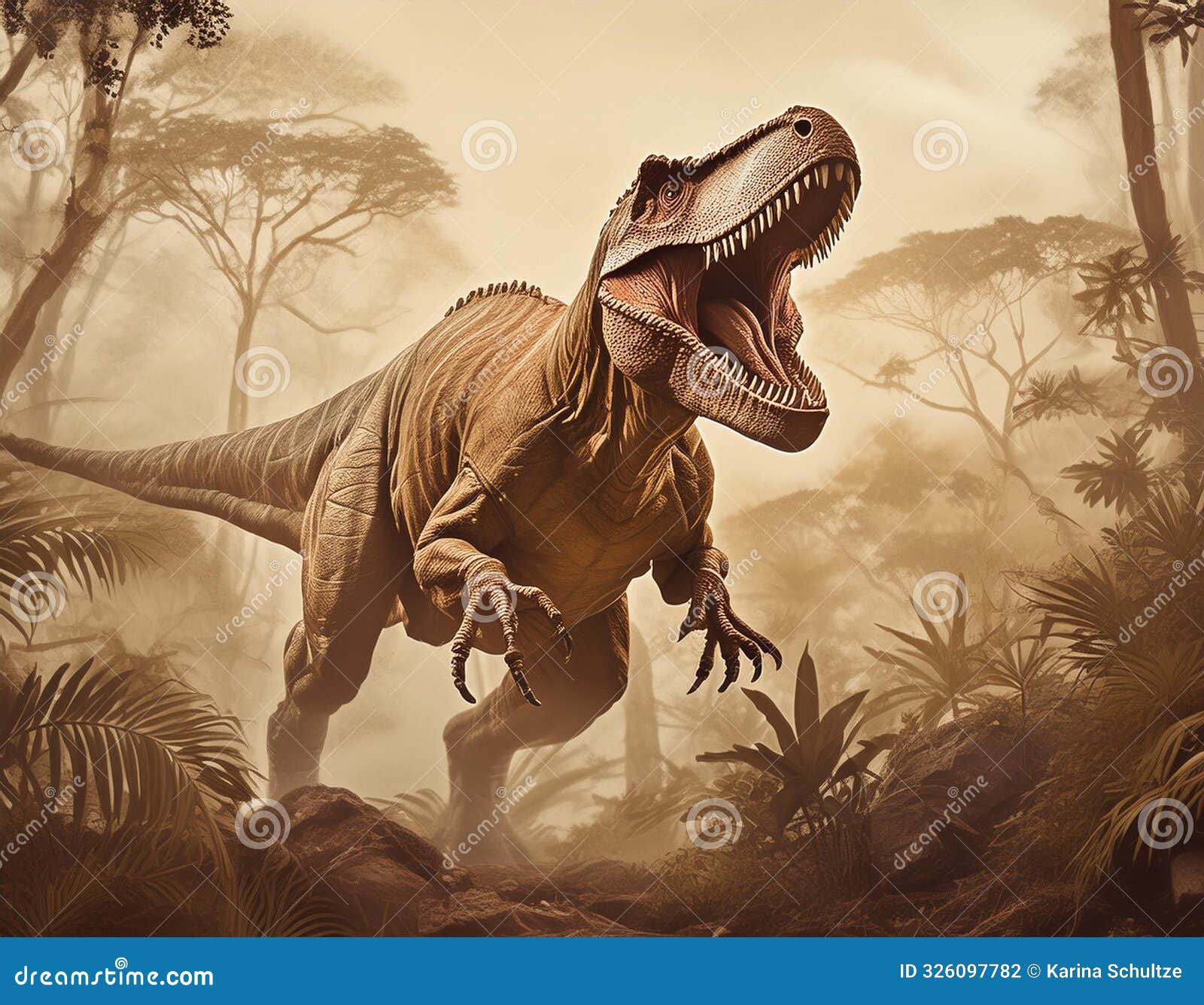 A T-Rex Hunts Prey in a Prehistoric Jungle Stock Illustration ...