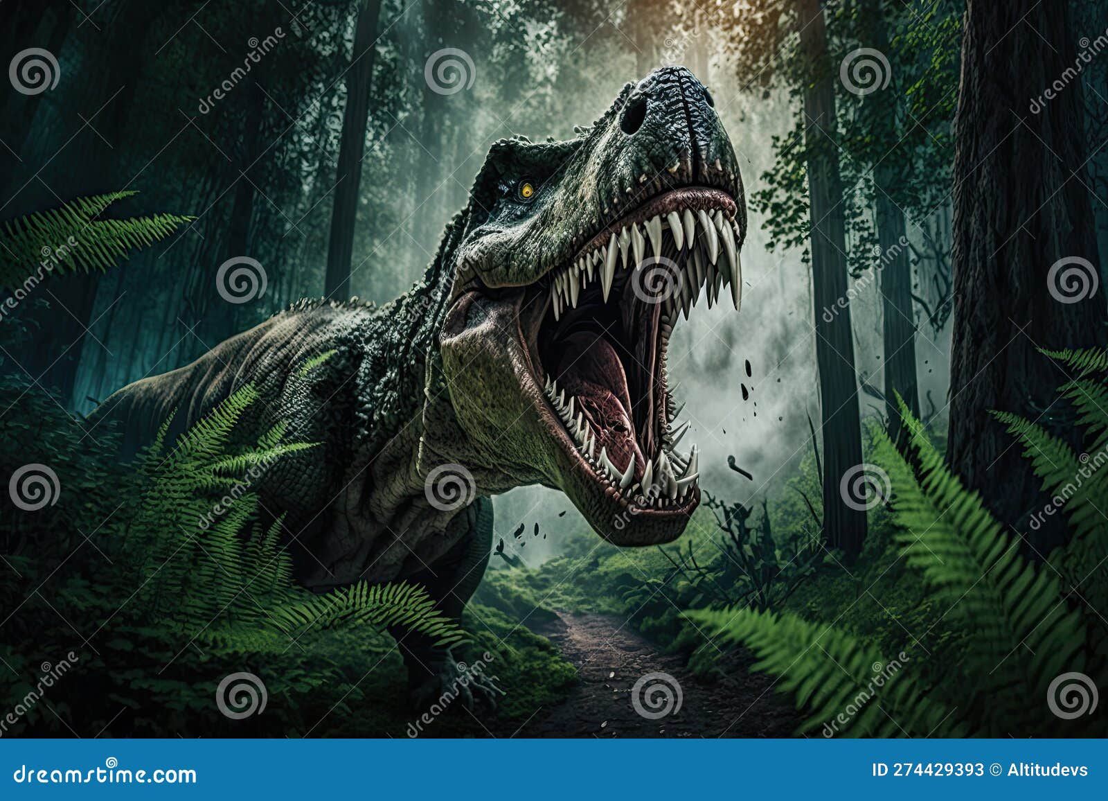 T-rex Roaring in the Midst of Forest, Its Powerful Jaws Open Stock ...