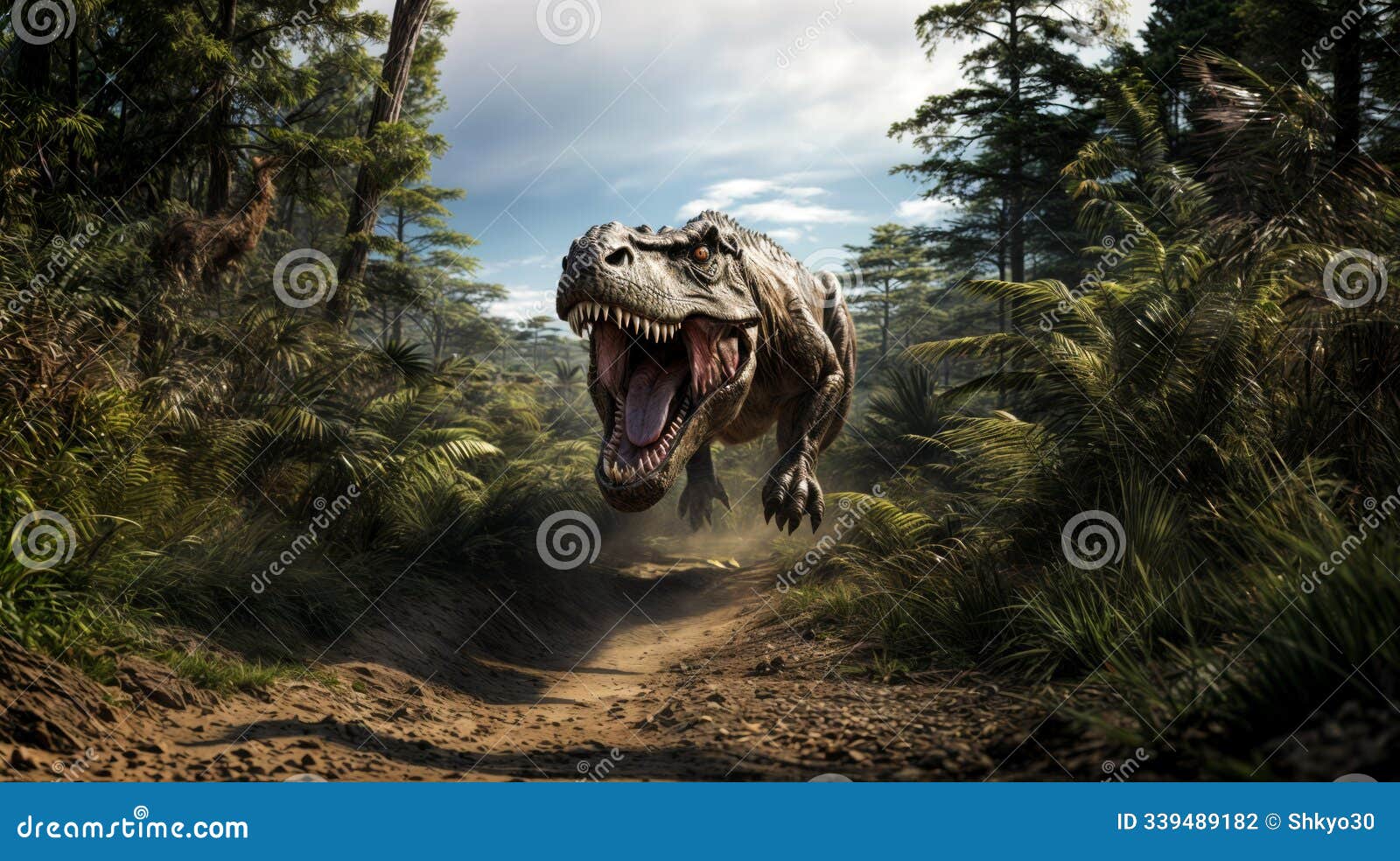 T-Rex Roaring with Sharp Teeth and Running Fast on a Pathway in the ...
