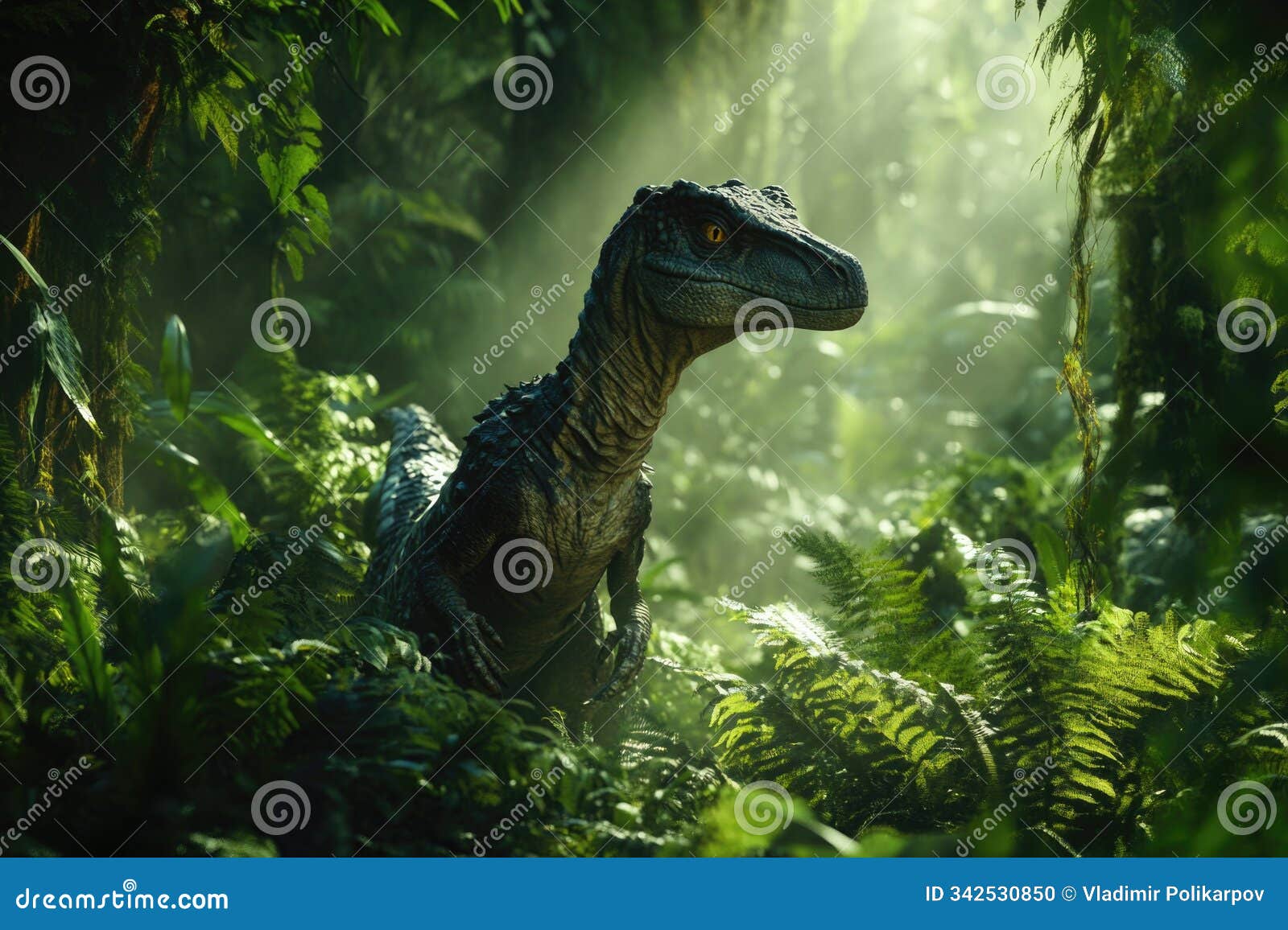 A T-Rex Standing in a Dense Forest, Surrounded by Trees and Foliage ...