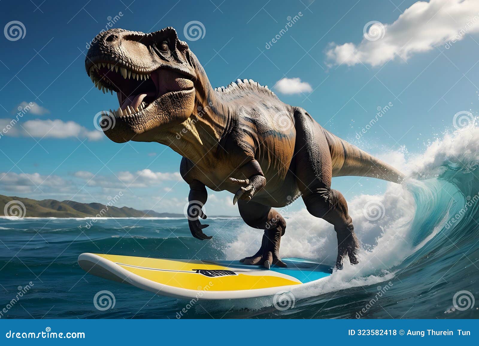 T-rex surfing with a board stock photo. Image of active - 323582418