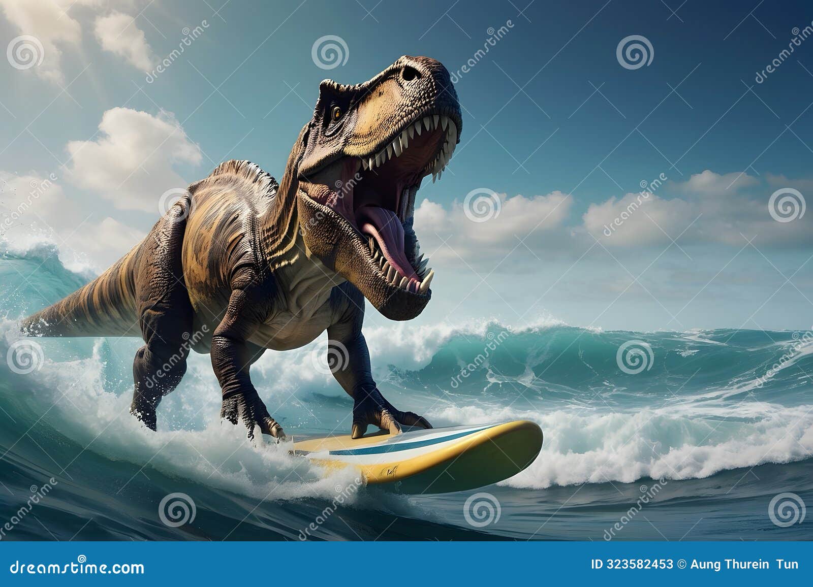 T-rex surfing with a board stock image. Image of vacation - 323582453