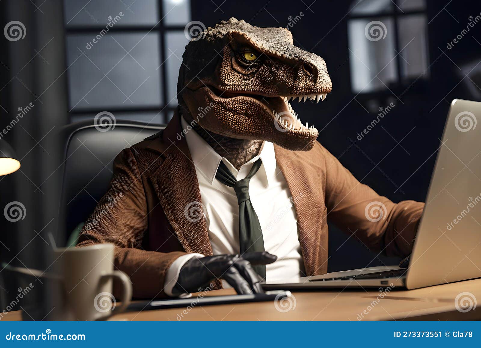 A T-rex Working at His Laptop in an Office, Ai Generative Illustration ...