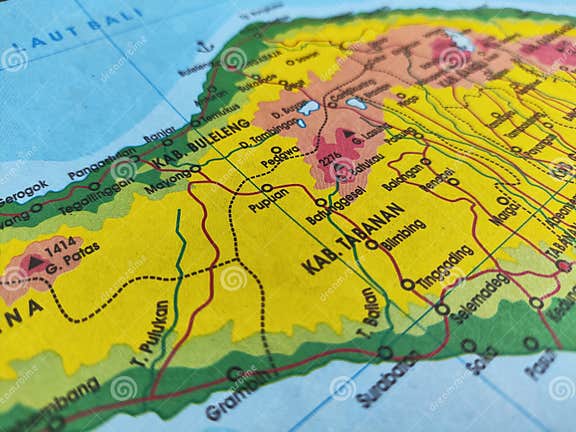Tabanan Regency Map and Major Cities Around it on Physical Map Stock ...