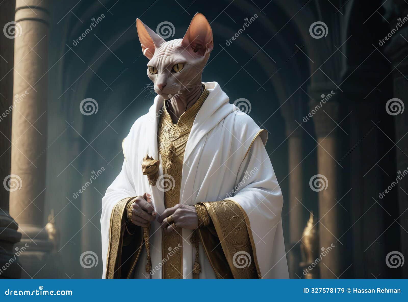 A Tabaxi Cleric, Sphinx Cat, White Robe with Hood Stock Illustration ...