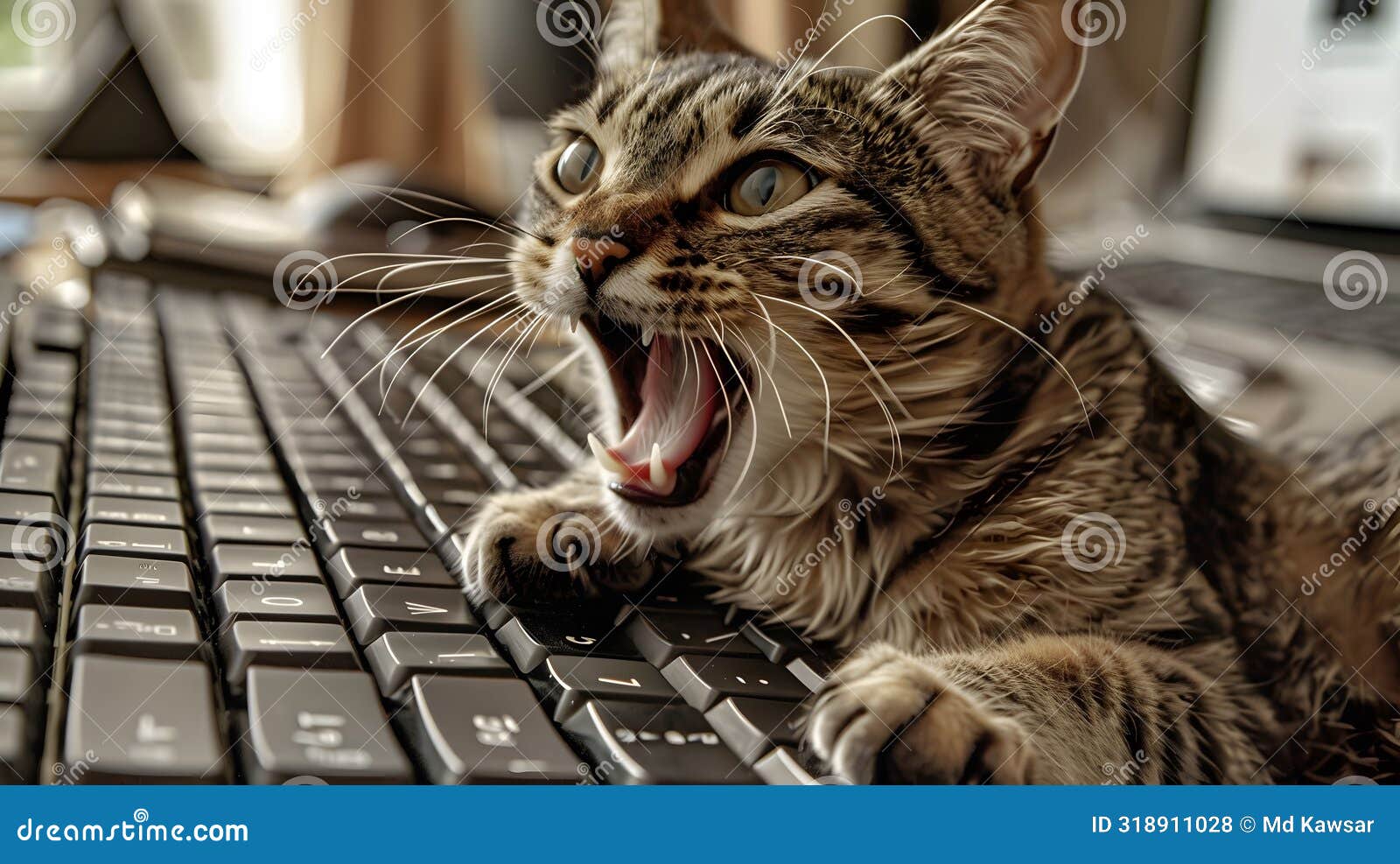 Tabby Cat Mid-meow on a Computer Keyboard, Displaying Playful Curiosity ...