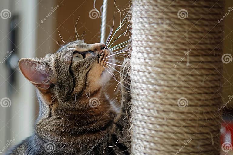 Tabby Cat Scratching on a Rope Scratching Post Stock Image - Image of ...