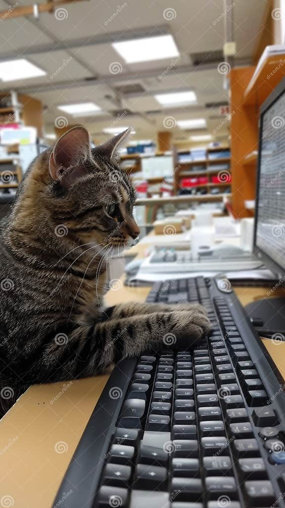 Cat Typing on Computer stock illustration. Illustration of environment ...