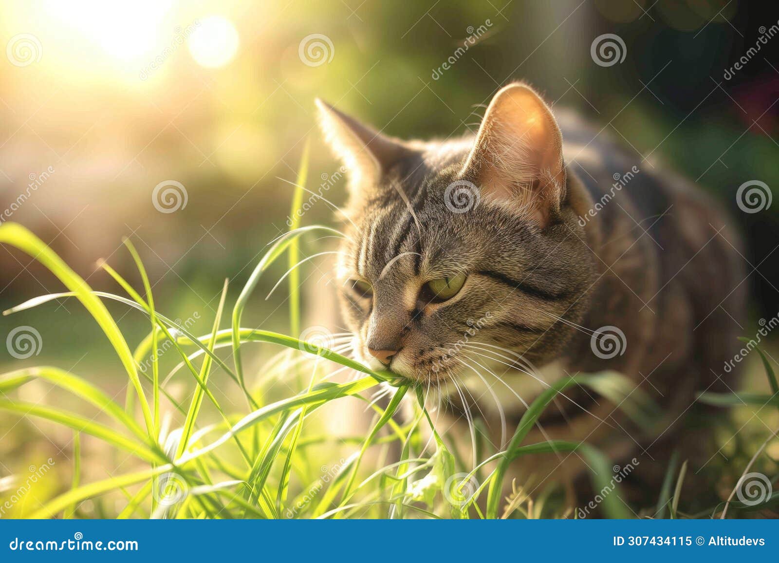 Tabby Cat Snacking on Grass in the Sunlight Stock Image - Image of ...