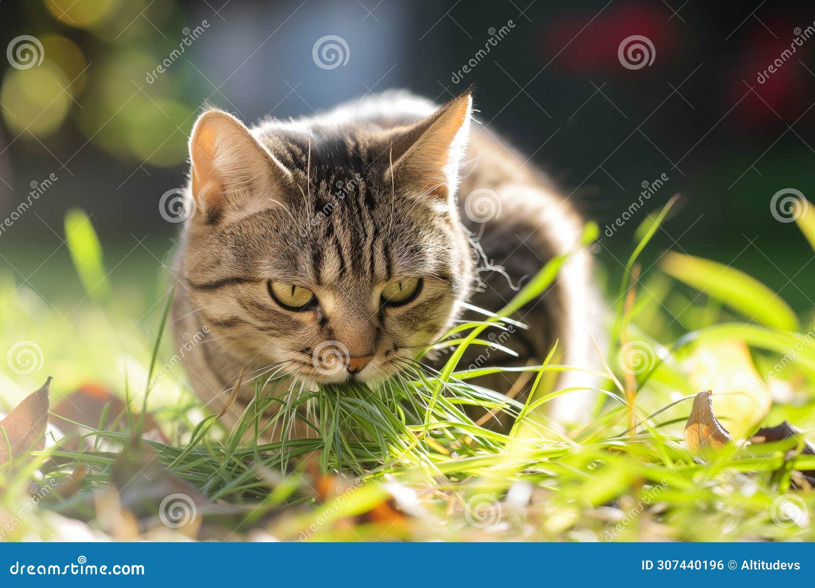 Tabby Cat Snacking on Grass in the Sunlight Stock Photo - Image of ...