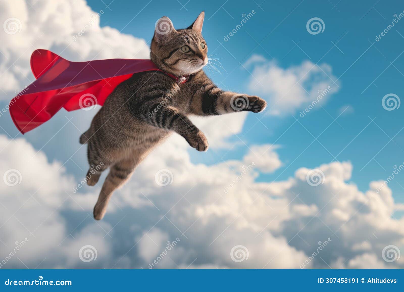 Tabby Cat Soaring Above Clouds, Cape Fluttering in the Wind Stock Image ...