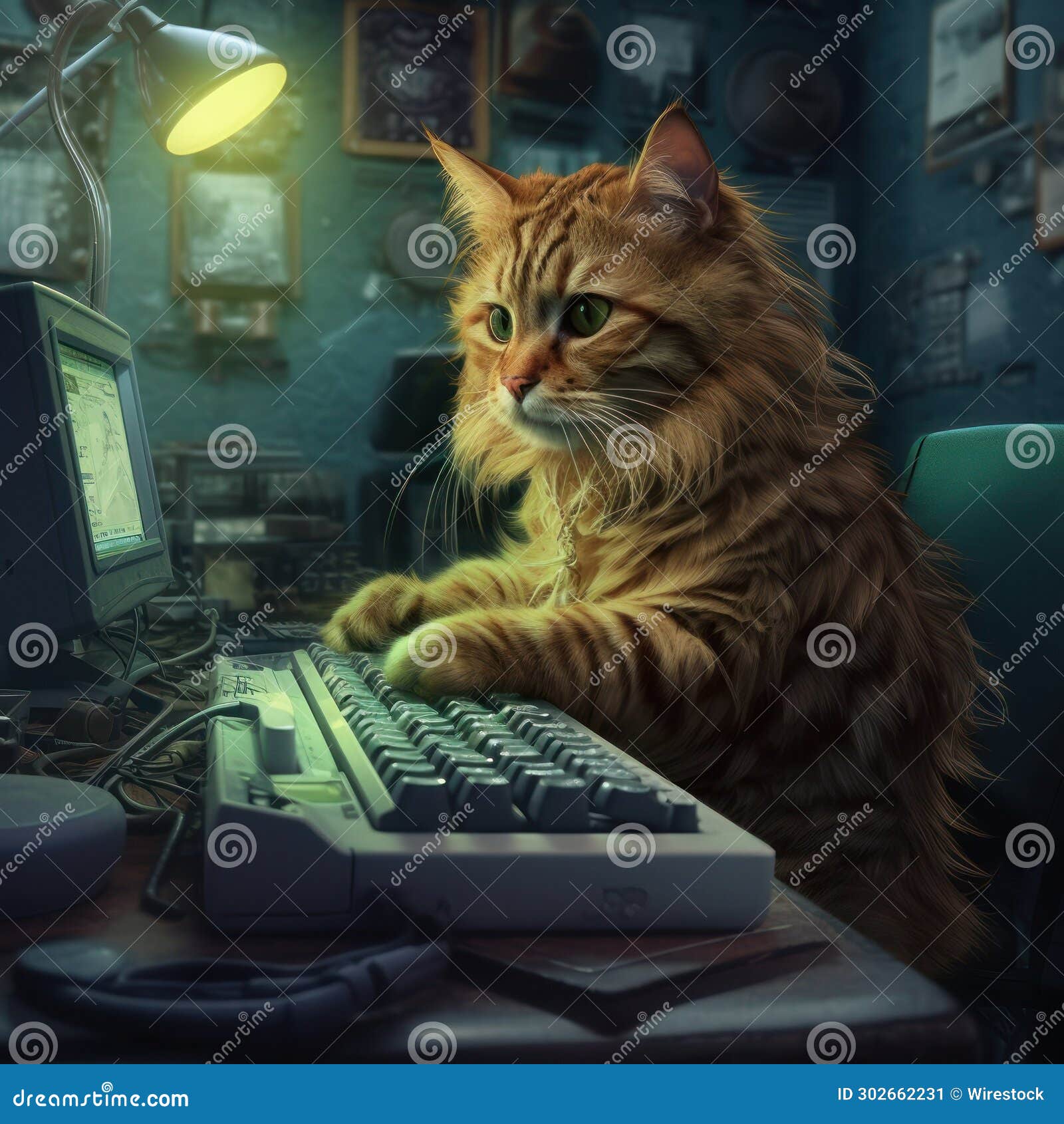 Tabby Cat Typing on a Keyboard in Front of an Old Computer Screen, AI-generated. Stock ...
