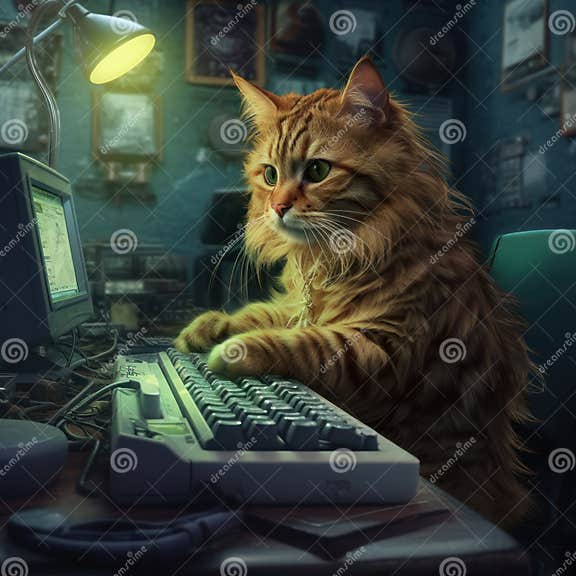 Tabby Cat Typing on a Keyboard in Front of an Old Computer Screen, AI ...
