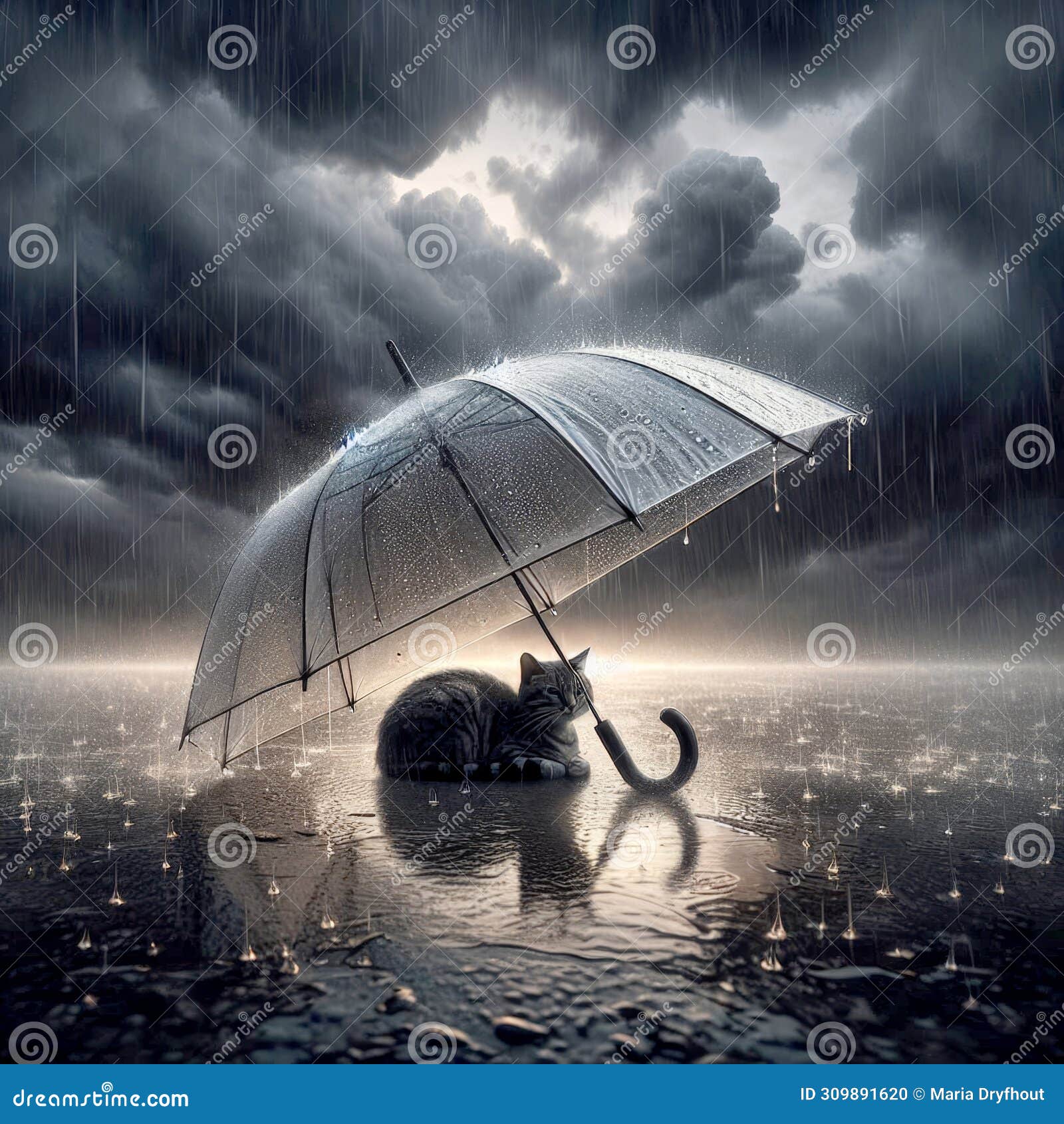 Tabby Cat Under an Umbrella in Rain Storm Stock Illustration ...