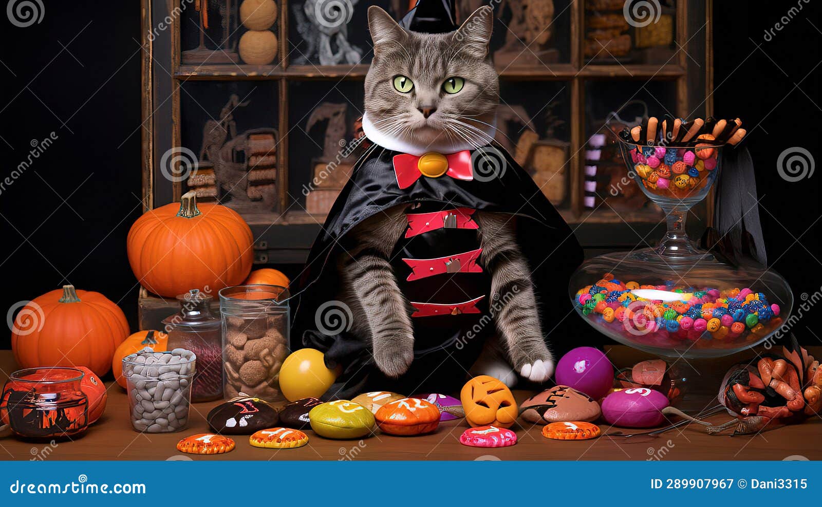Tabby Cat in a Vampire Costume with Halloween Decorations Stock ...