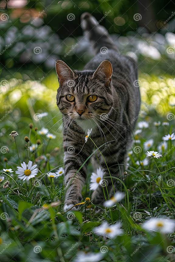 Tabby Cat Walking through a Field of Daisies. AI Image Stock ...