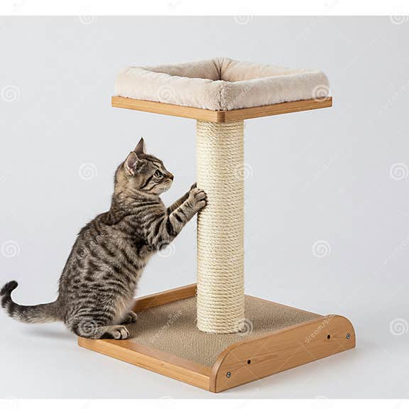 A Tabby Kitten Interacts with a Cat Scratching Post. the Structure ...