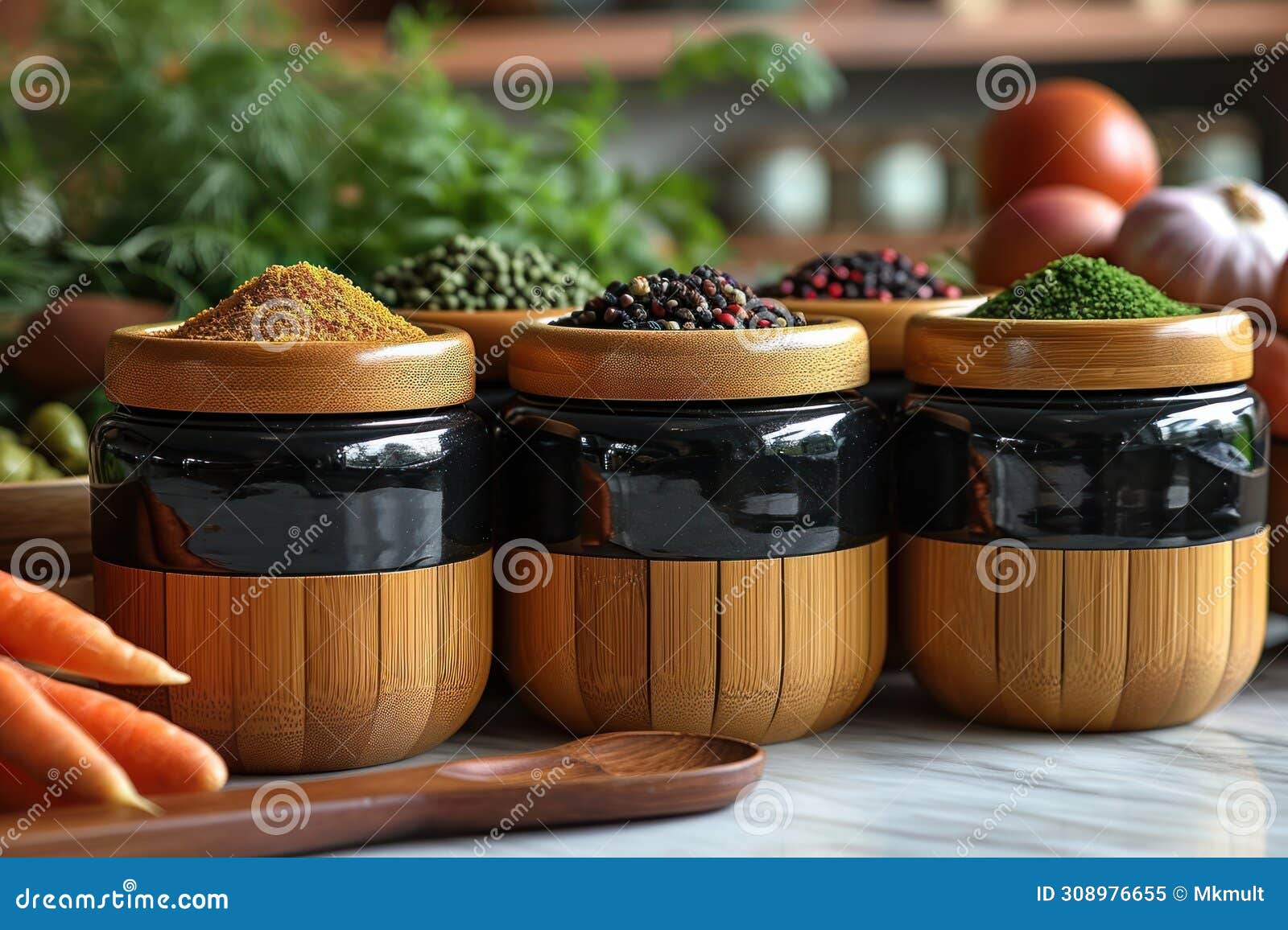 Assorted Food Jars on Table Stock Image - Image of spices, kitchen ...