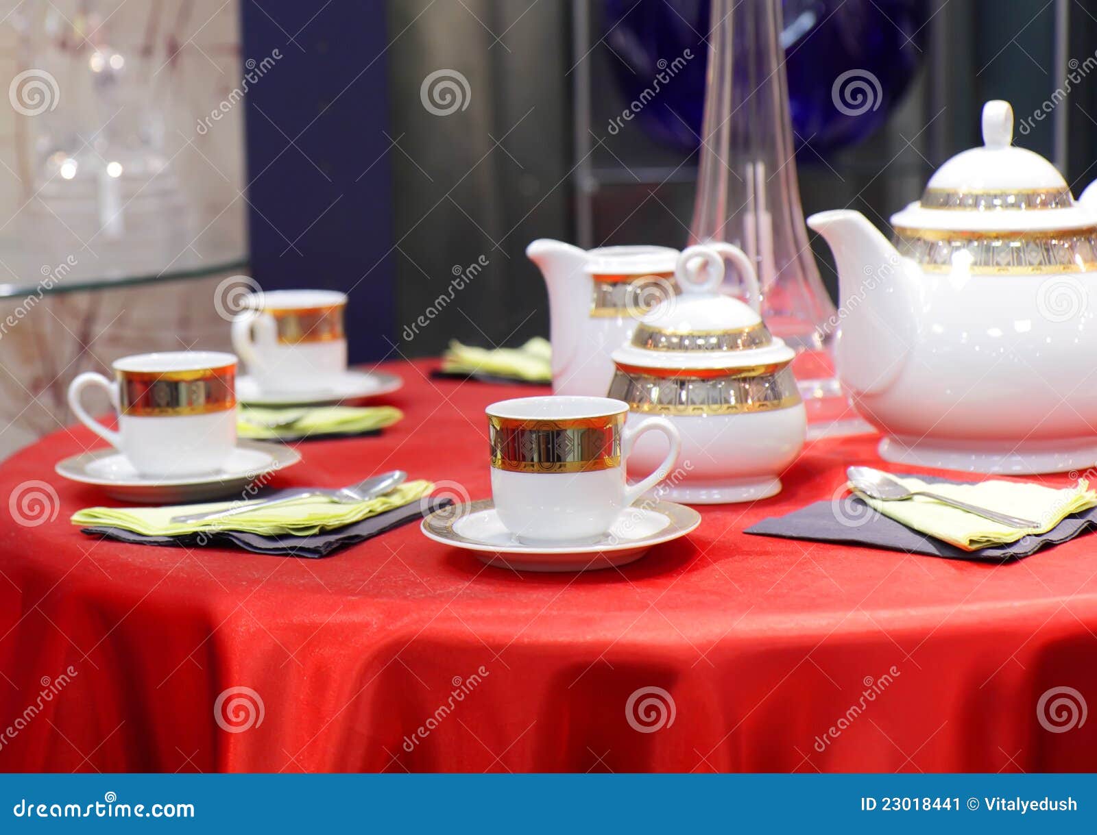 Table Appointments on Red Tablecloth. Stock Image - Image of ceramic ...