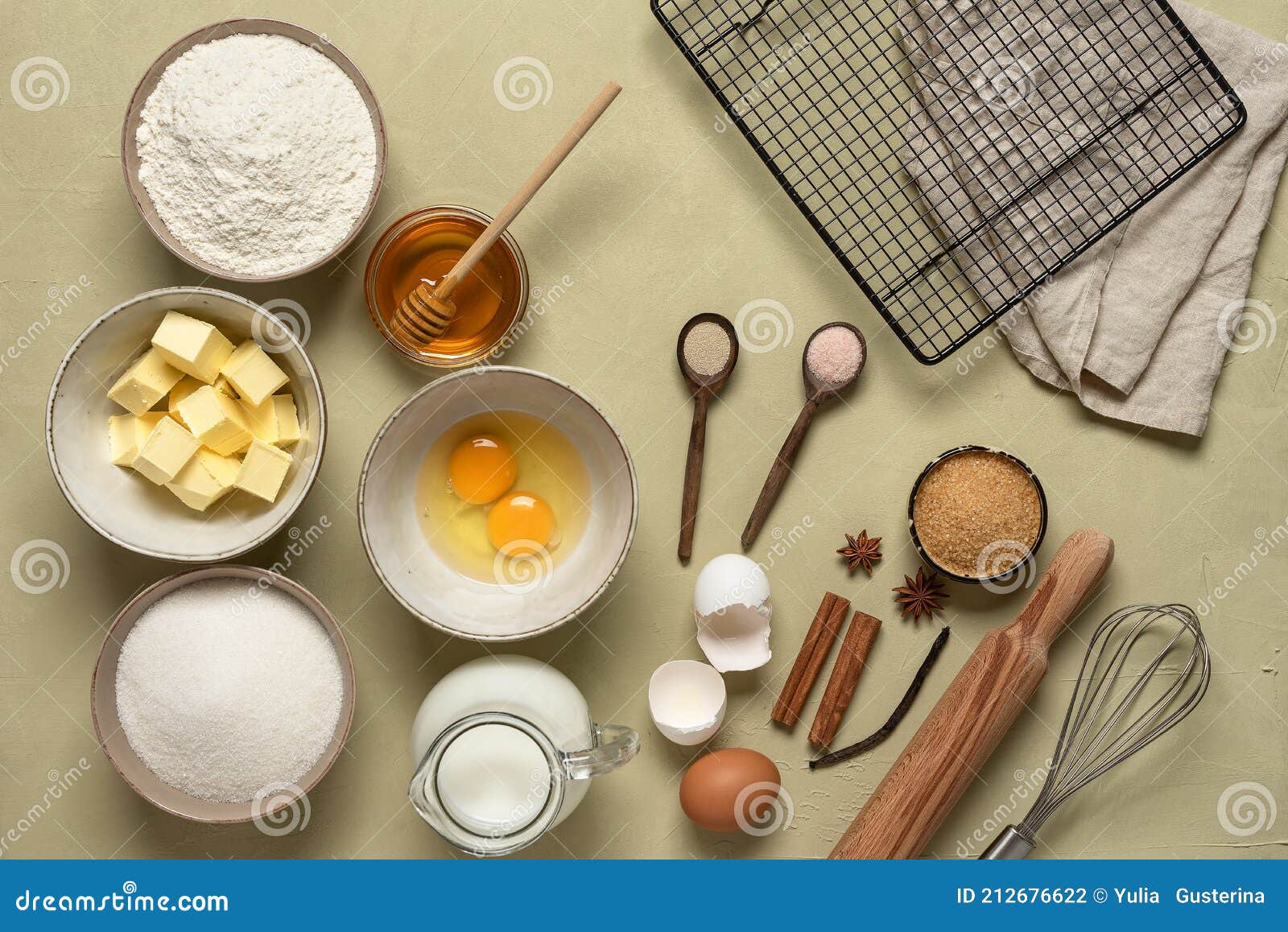 Table with Baking Ingredients. Plaster Beige Background Stock Photo ...