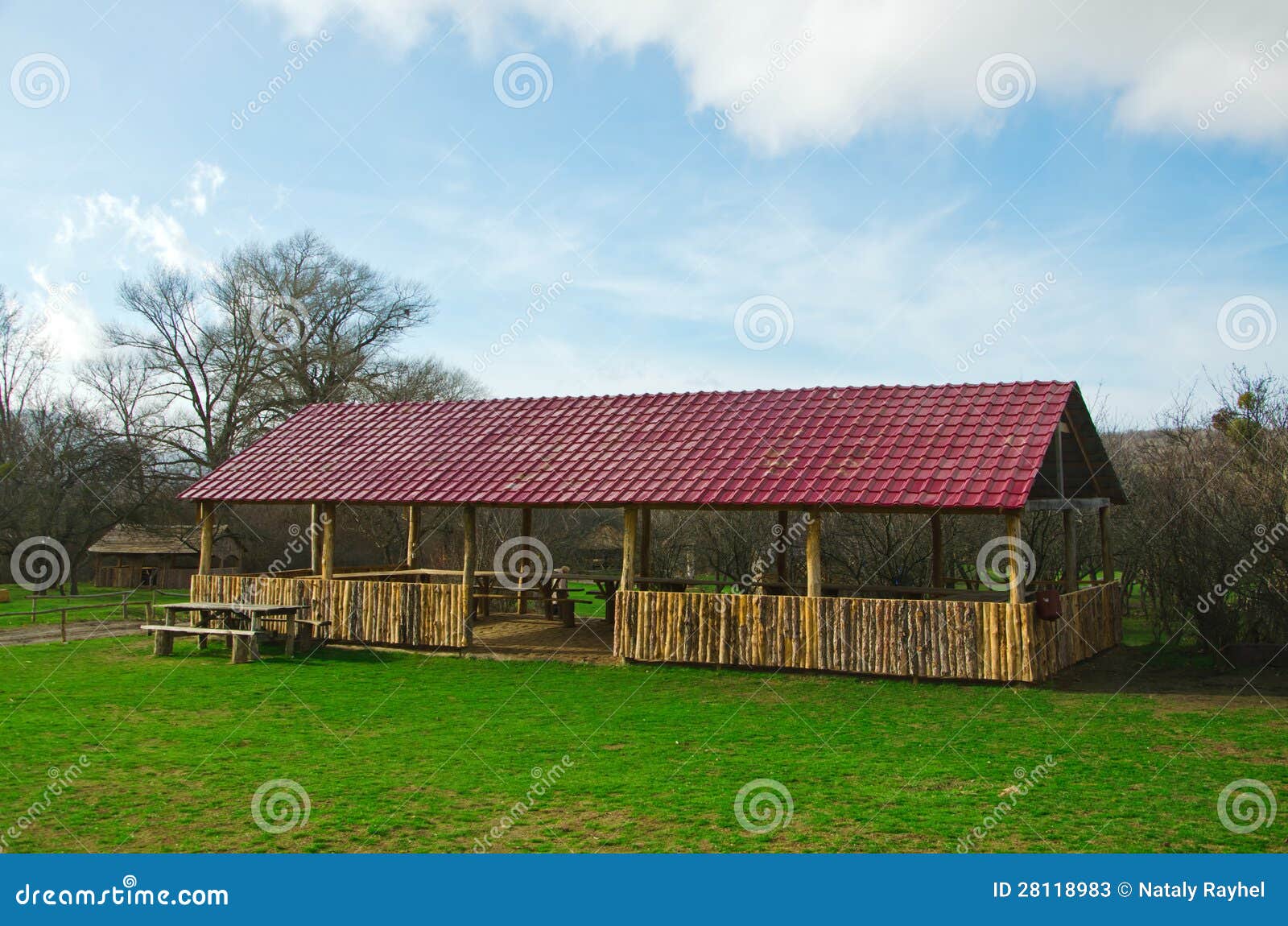 Table and Bench in Wooden Bower Stock Image - Image of plant, grass ...