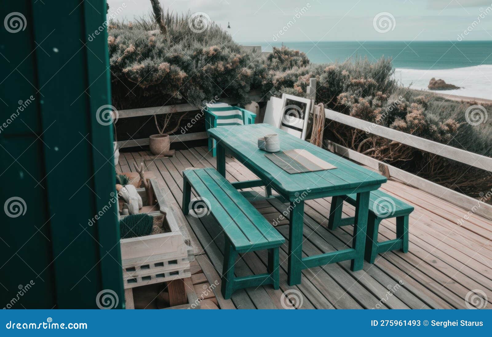 A Table and Benches on a Deck Overlooking the Ocean. AI Generative ...
