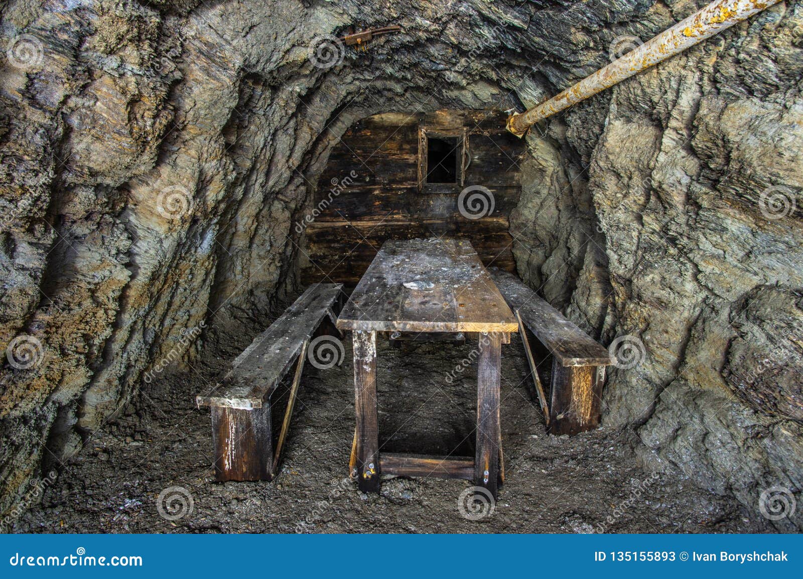Table and Benches in the Old Mine Stock Image - Image of gold, black ...