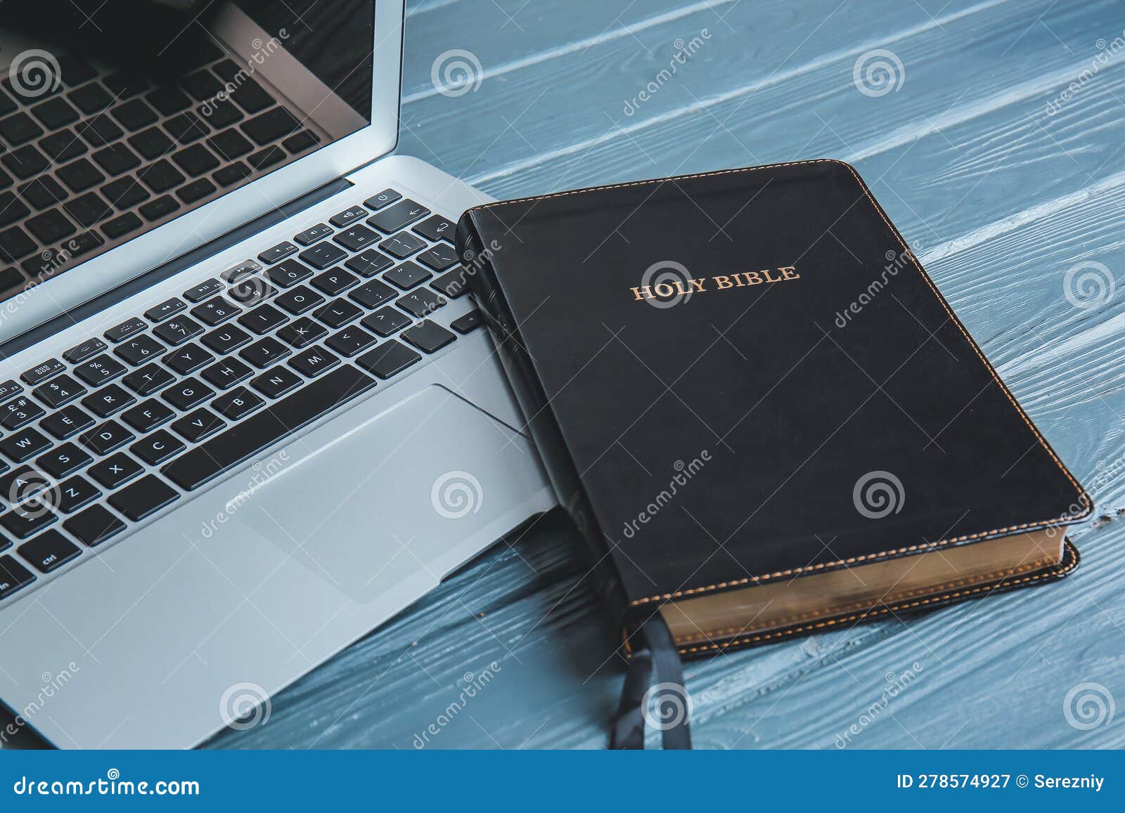 Holy Bible and Laptop on Table Stock Image - Image of pray, faith ...