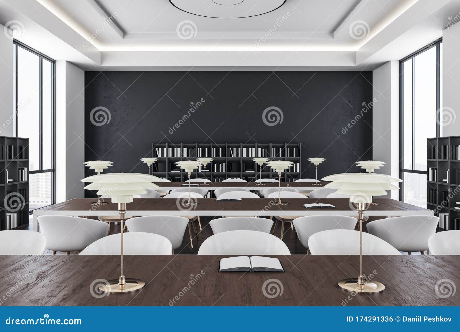 Table with Book and Lamp in Contemporary Library Interior Stock ...
