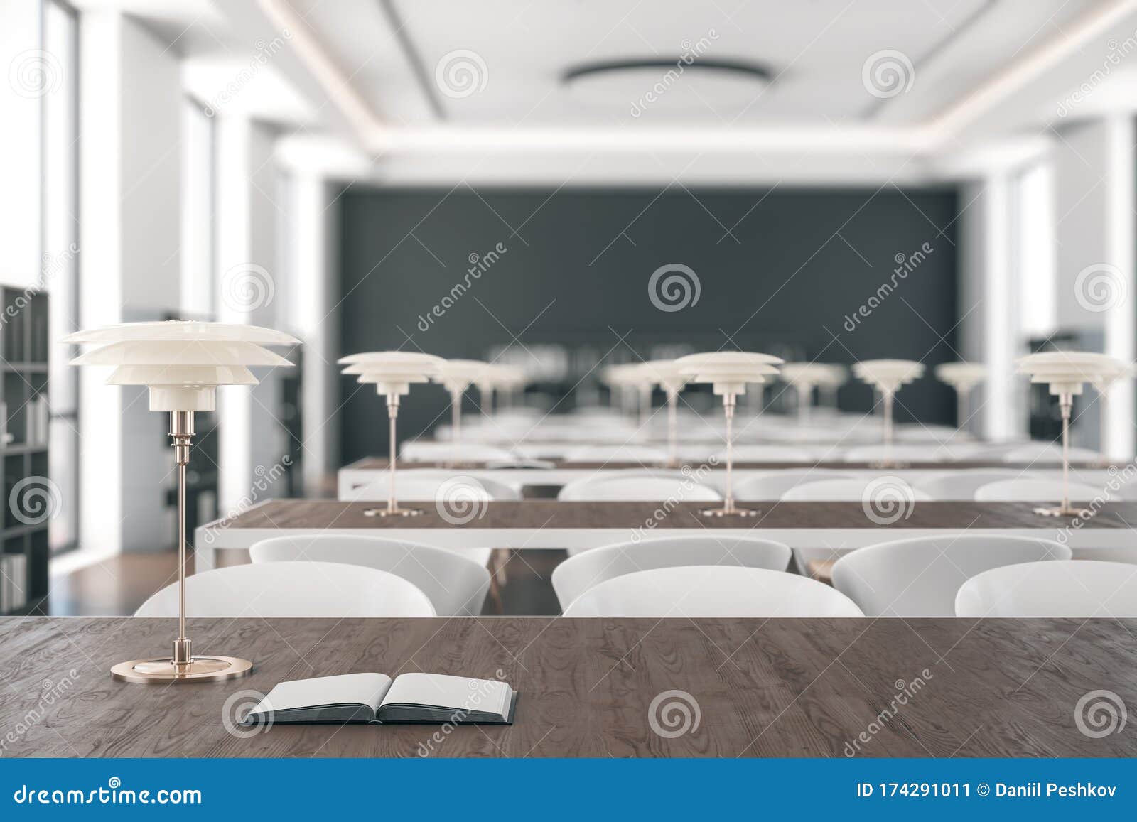 Table with Book and Lamp in Modern Library Interior Stock Illustration ...