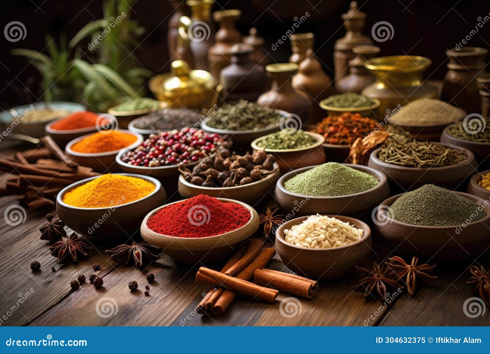 A Table with Bowls Filled with Various Spices, Creating an Array of ...