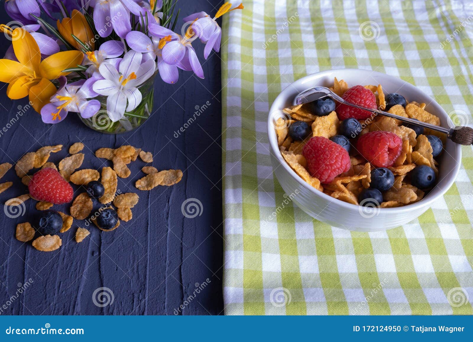 On the Table is Breakfast with Crackling Muesli in a Cup Stock Photo ...