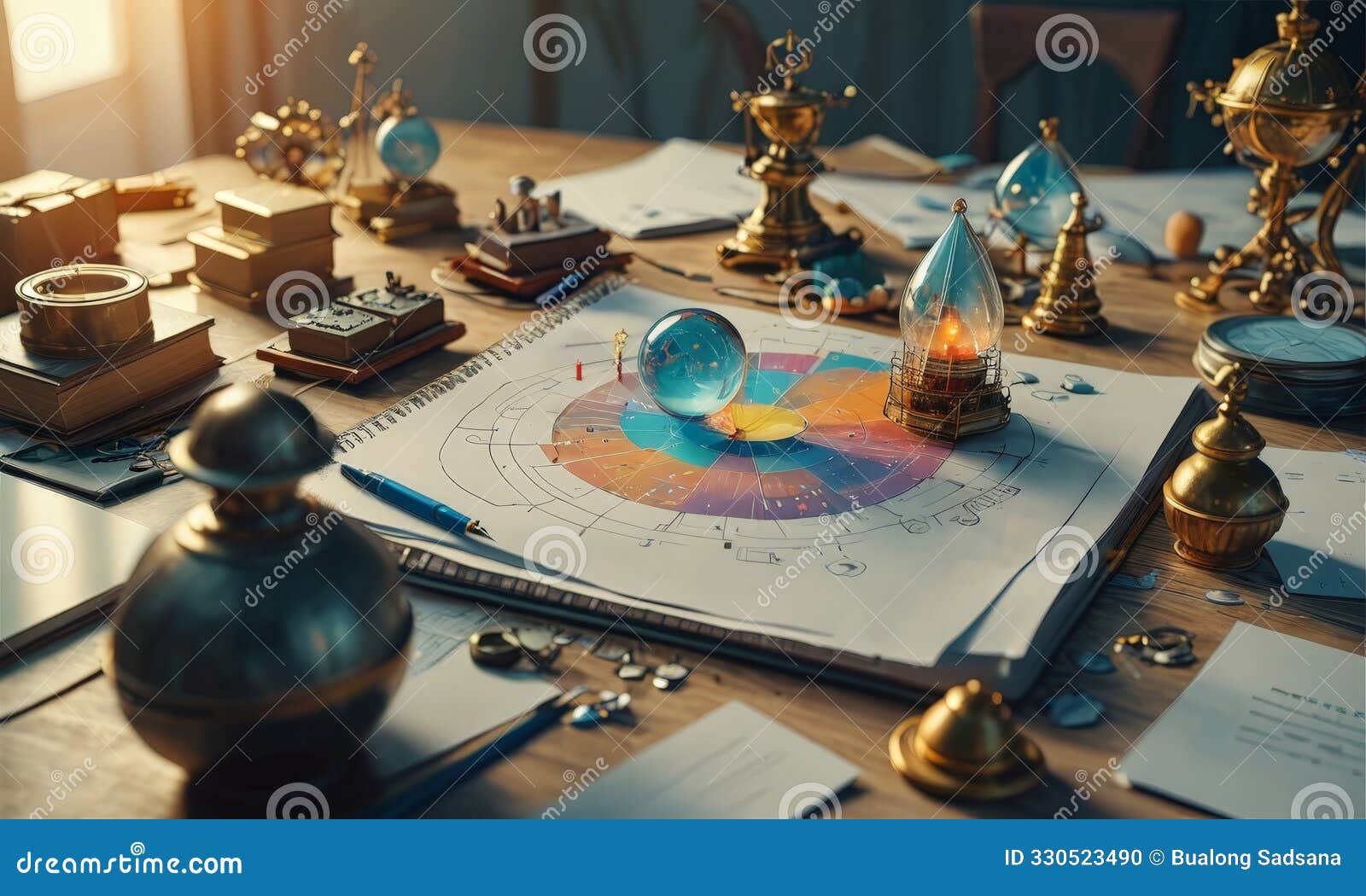 Table with Bunch Objects and Clock Stock Illustration - Illustration of ...