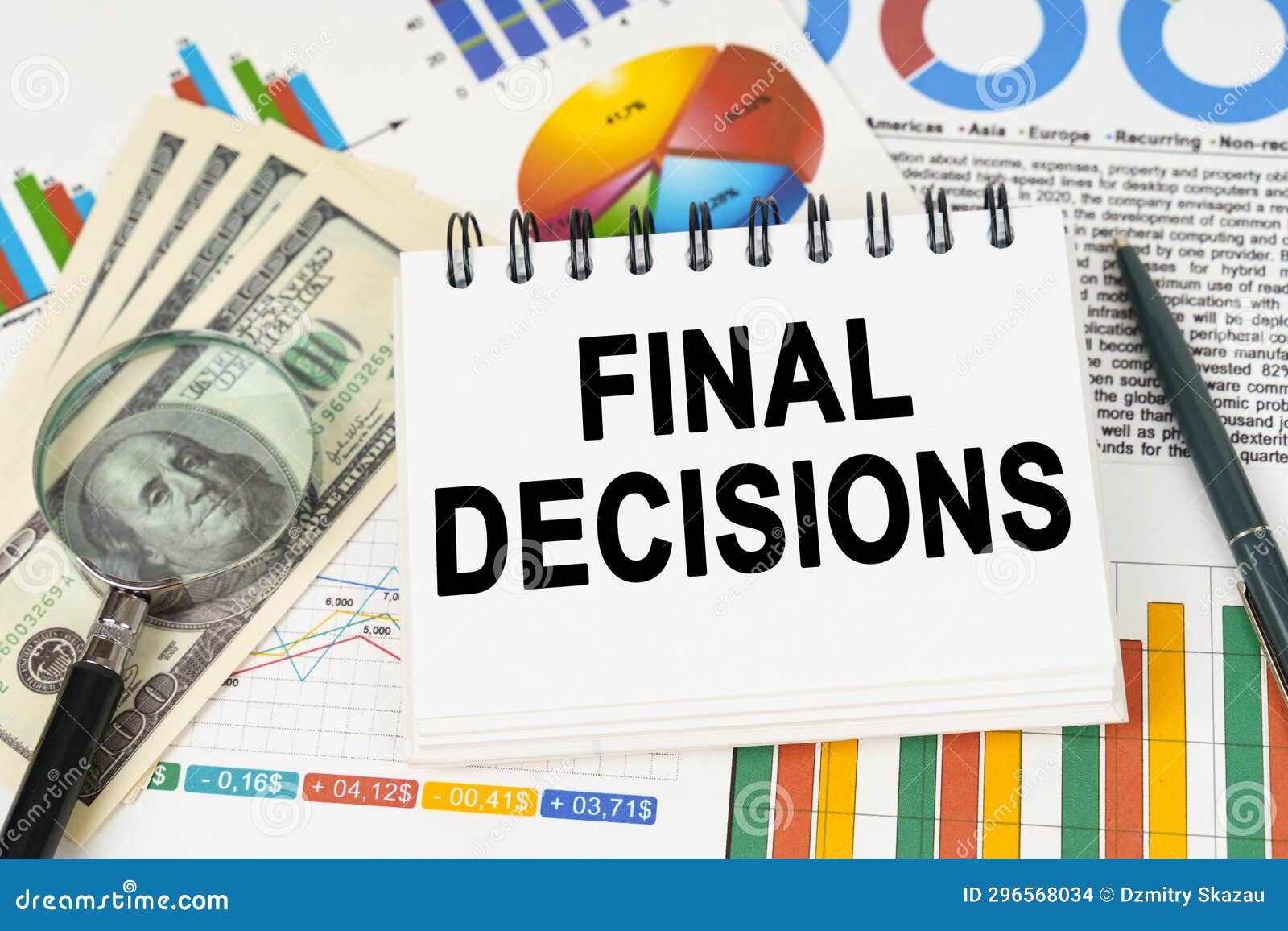 On the Table are Business Charts, Dollars and a Notepad with the ...