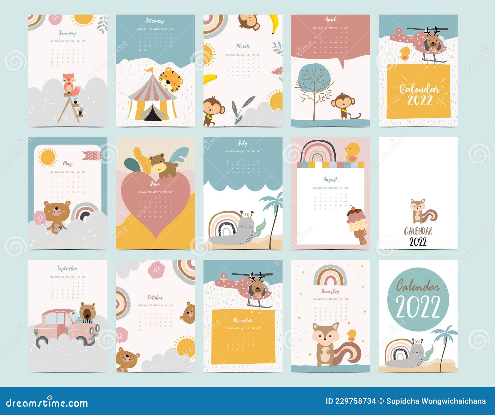 2022 Table Calendar Week Start on Sunday with Animal and Rainbow that ...