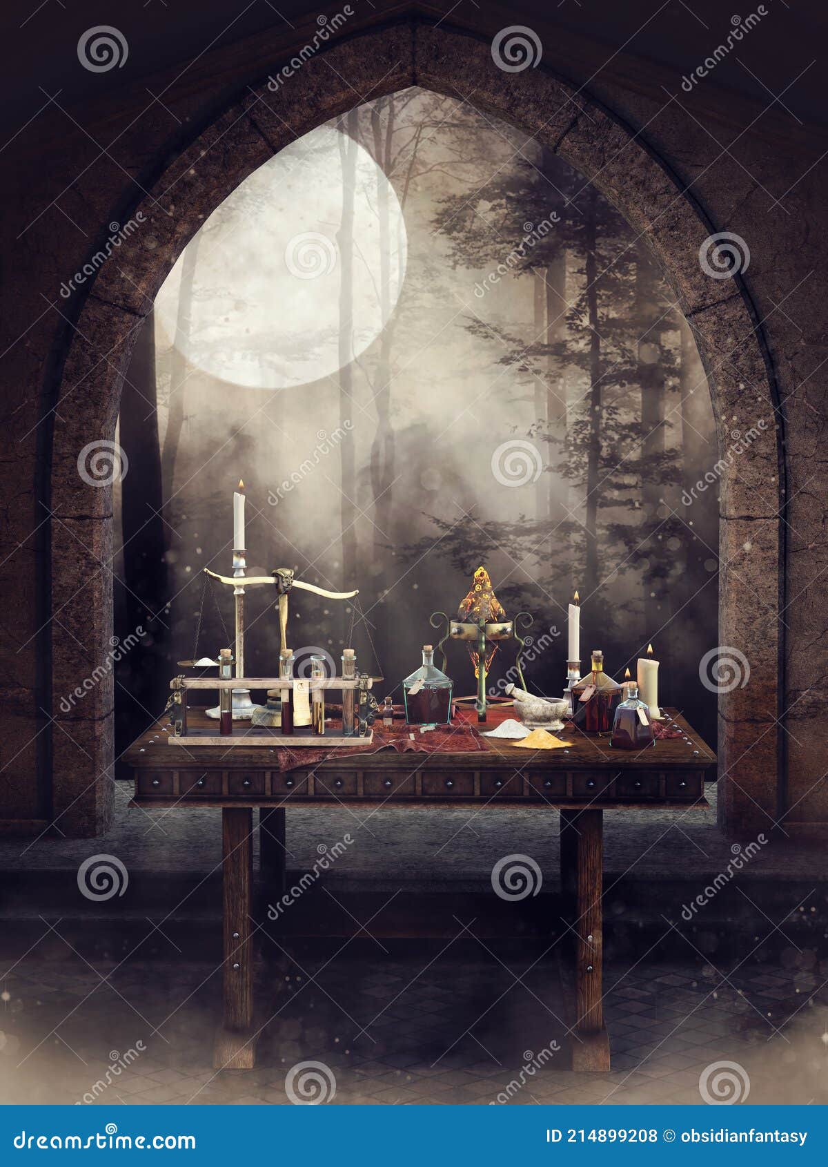 Table with Alchemist`s Tools by a Gothic Window Stock Illustration ...