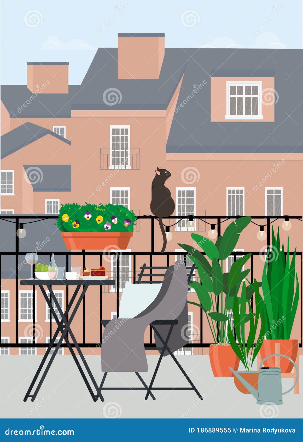 A Table with a Chair on the Balcony and a Cat Sitting on the Railing ...